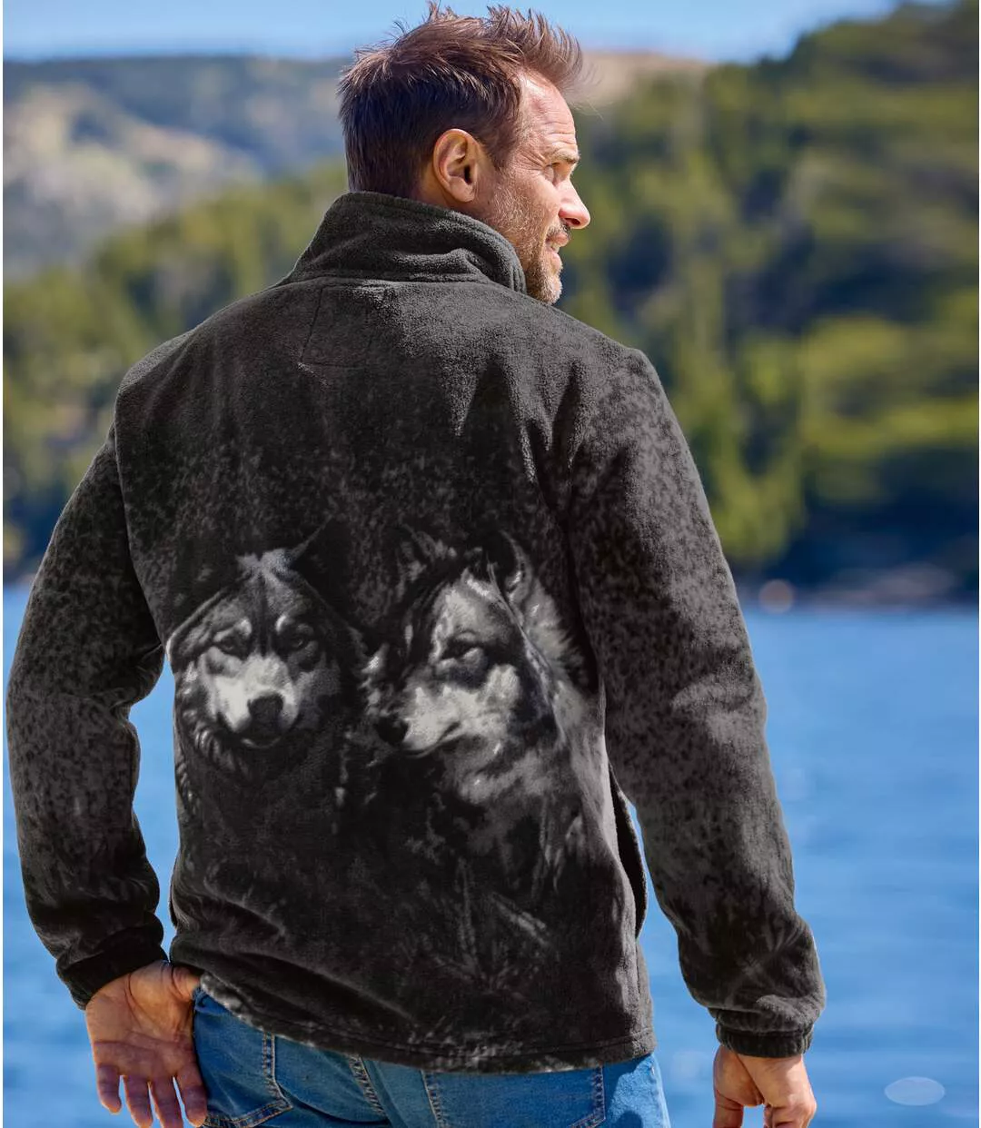 Men's Grey Wolf Print Fleece Jacket | Atlas For Men