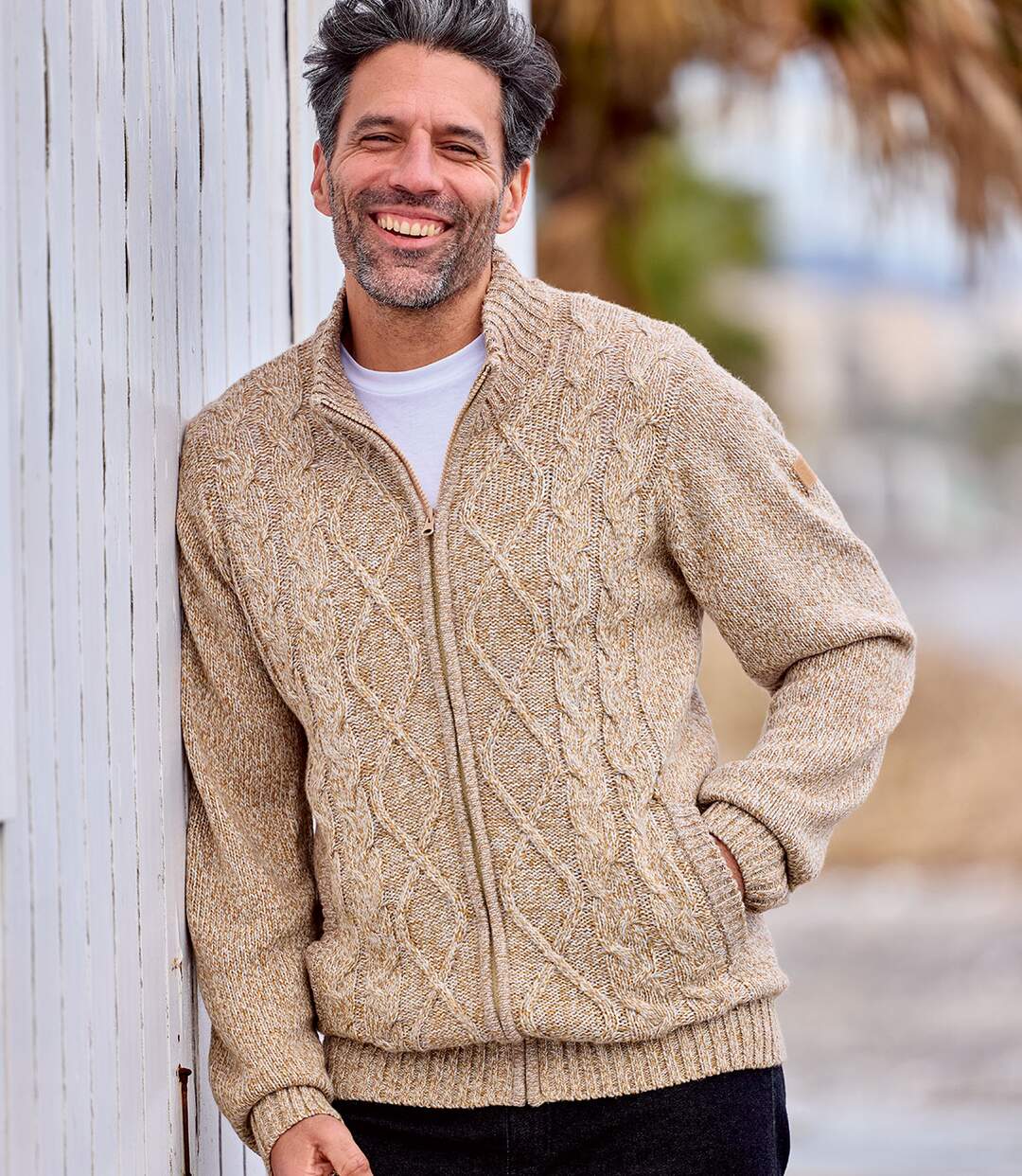 Men's Beige Mottled Cable Knit Cardigan | Atlas For Men